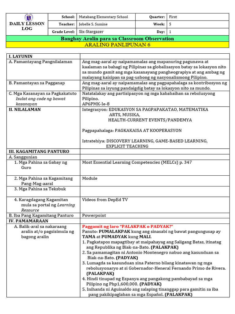Co Lesson Plan Arpan 6 Quarter 1 | PDF