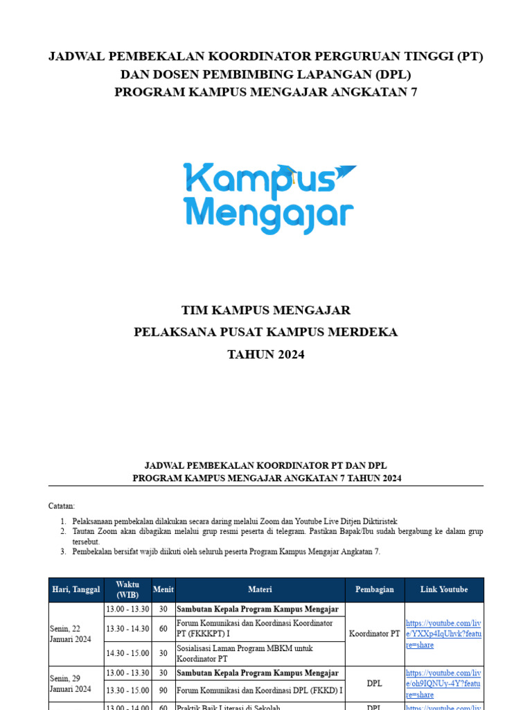 (KPT Dan DPL) JADWAL PEMBEKALAN KPT DAN DPL | PDF