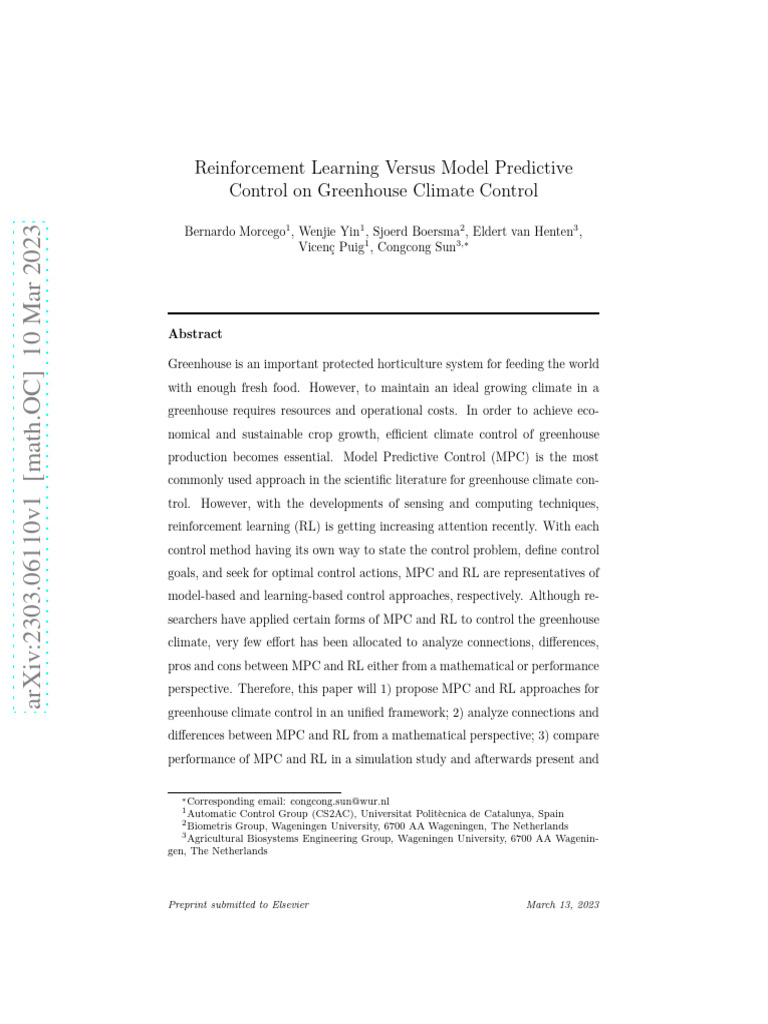 Reinforcement Learning Versus Model Predictive Control On Greenhouse Climate Control | PDF ...