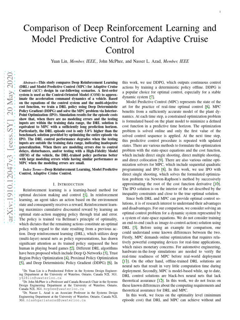 Comparison Of Deep Reinforcement Learning And Model Predictive Control For Adaptive Cruise