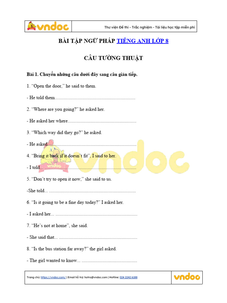 Bai Tap Tieng Anh Lop 8 Ve Cau Tuong Thuat Co Dap An | PDF | Home & Garden