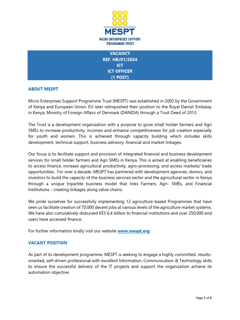 ICT Officer Vacancy at MESPT Kenya | PDF | Business Software | Databases