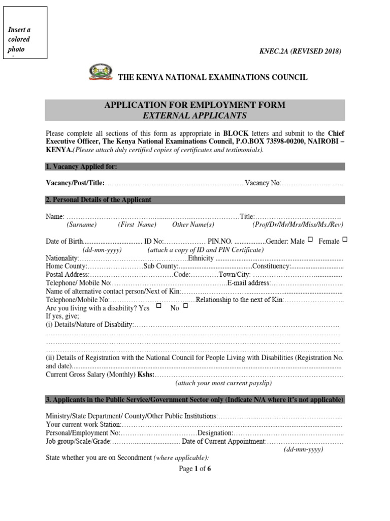 Knec Employment Form 2018 External Applicants | PDF | Bachelor's Degree ...