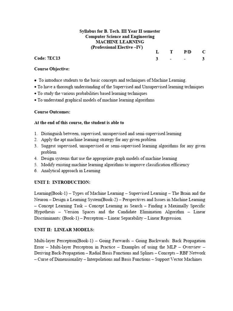 ML Syllabus | PDF | Machine Learning | Algorithms ML Syllabus | PDF | Machine Learning | Algorithms