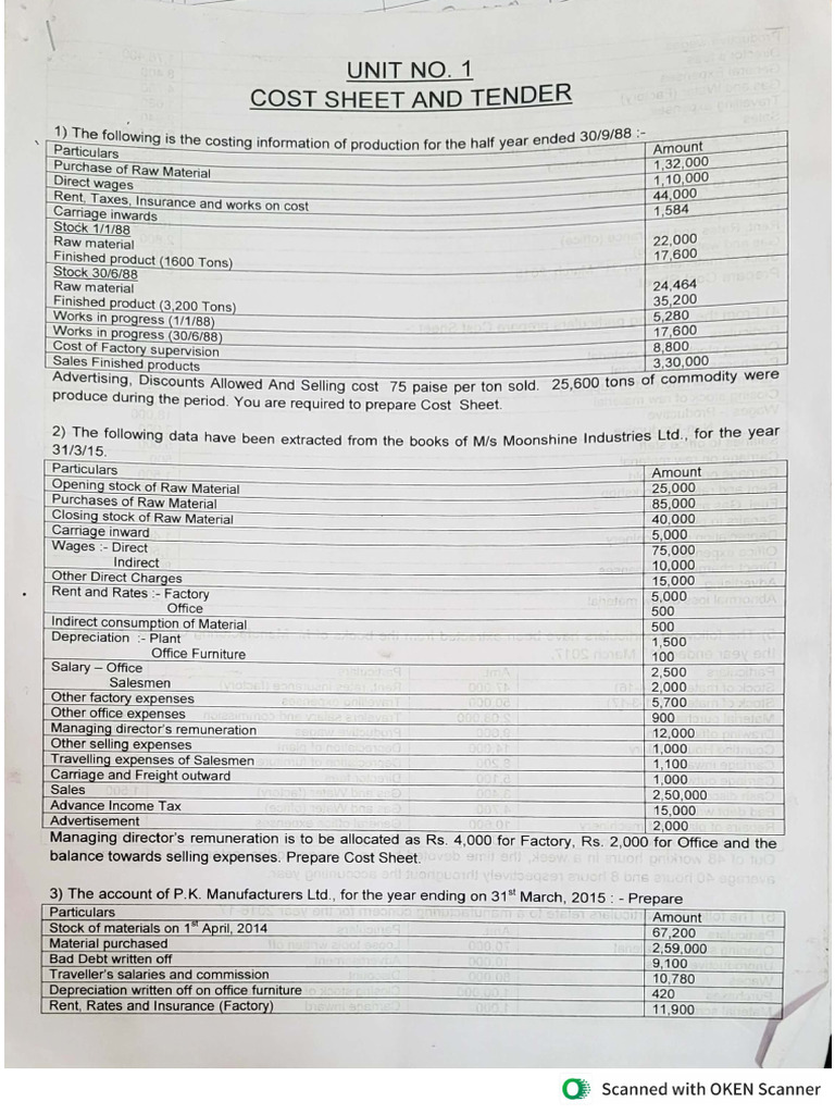 Unit 1 Cost Sheet and Tender Questions | PDF
