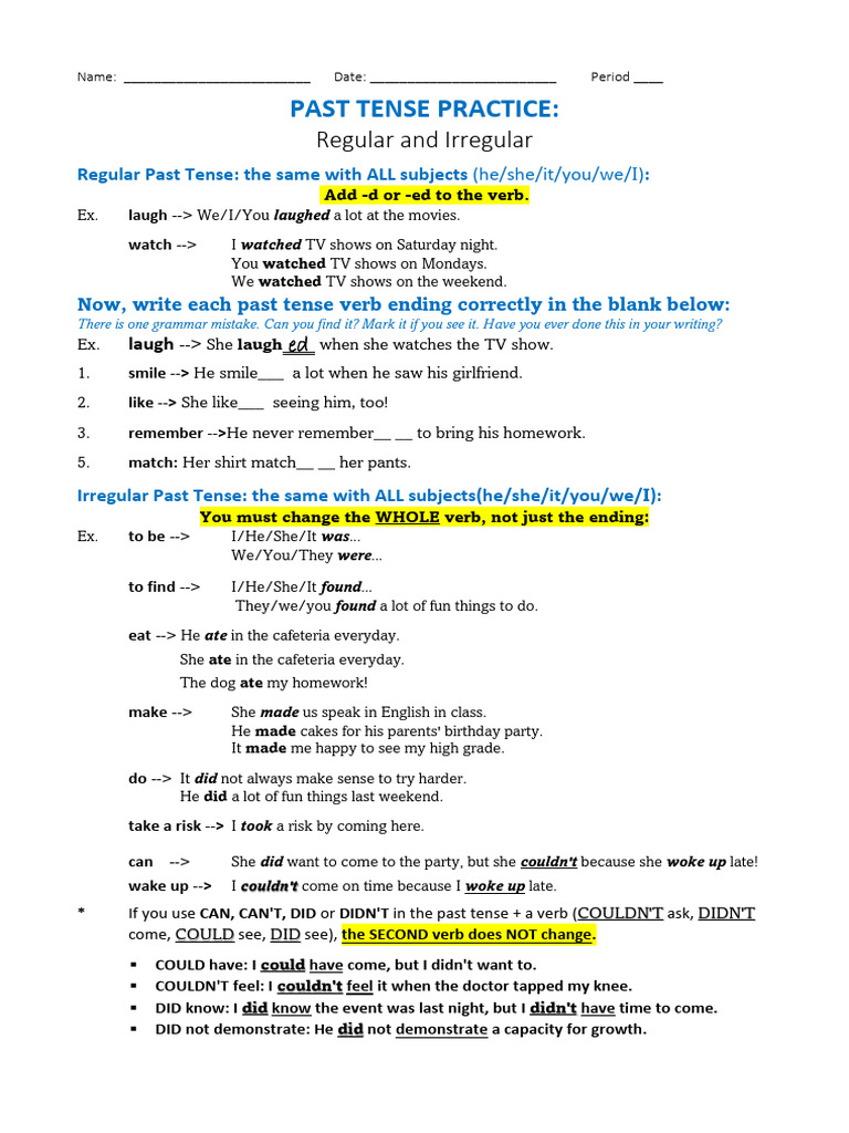 Past Tense Practice:: Regular and Irregular | PDF | Grammatical Tense ...