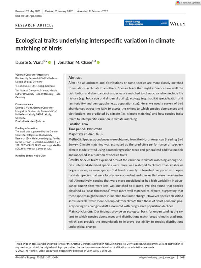 Global Ecology and Biogeography - 2022 - Viana - Ecological Traits Underlying Interspecific ...