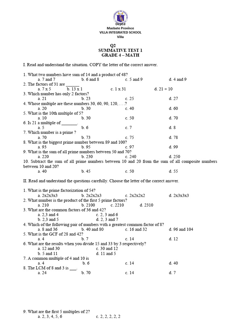 ST 1 GR.4 Math | PDF | Summation | Prime Number