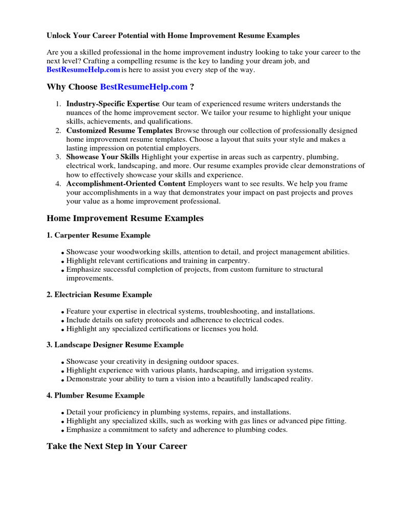Home Improvement Resume Examples | PDF | Carpentry | Employment