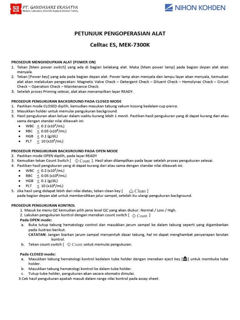 Panduan Operasional Celltac ES MEK-7300K | PDF