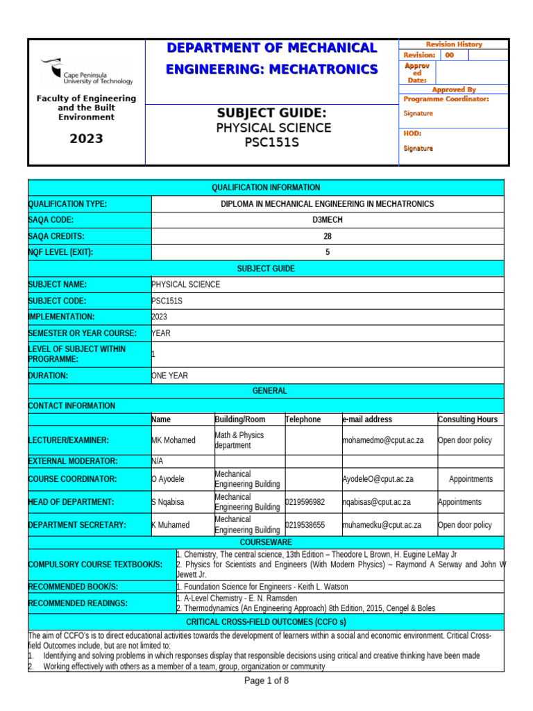 CPUT Mechatronics Physical Science Guide | PDF | Temperature | Magnetic ...