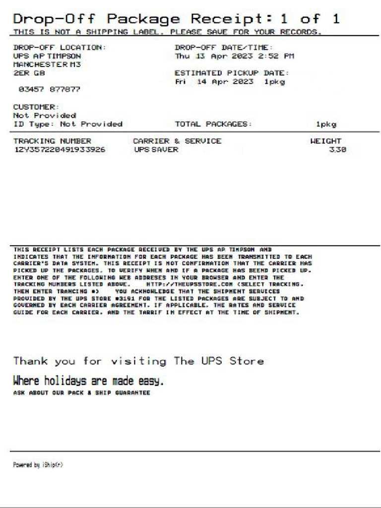 Ups Timpson Receipt | PDF