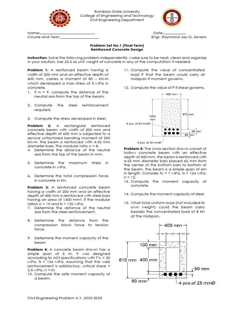 Problem Set No. 1 Final | Download Free PDF | Beam (Structure) | Reinforced Concrete