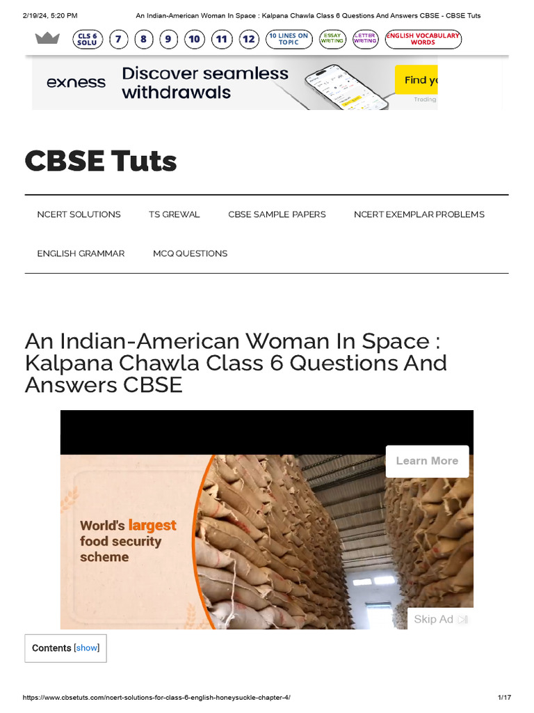 An Indian-American Woman in Space - Kalpana Chawla Class 6 Questions and Answers CBSE - CBSE ...