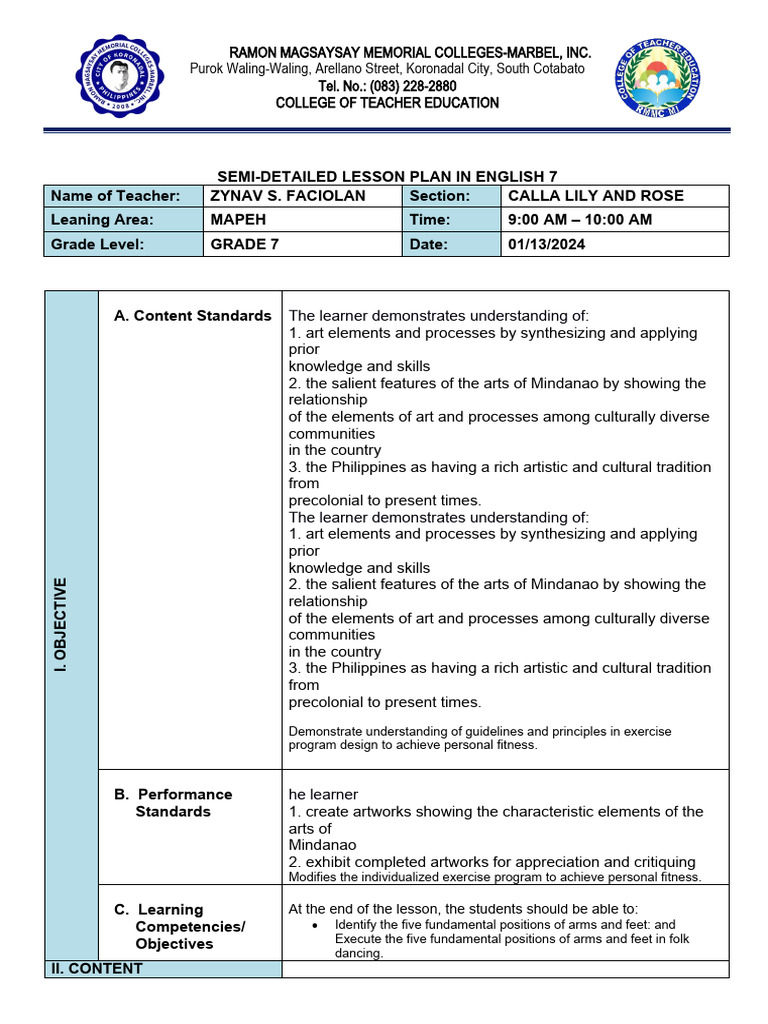 LESSON PLAN FOR CALLALILY 3rd Demo Positions | PDF | Learning | Teachers