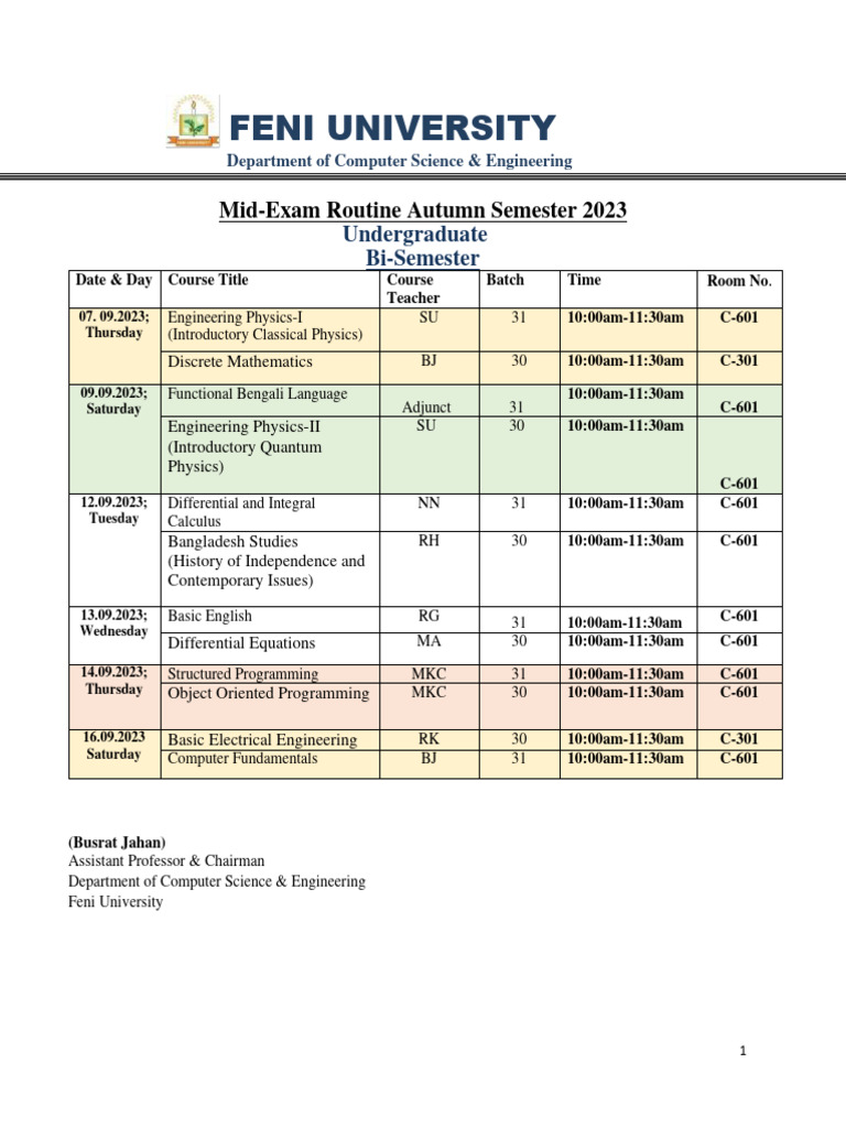 AUTUMN-2023 - Bi - Mid-exam-routine-UG Feni University | PDF | Physical Sciences | Theoretical ...