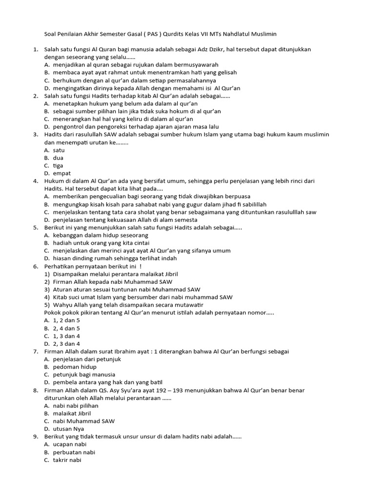 Soal Penilaian Akhir Semester Gasal Quran Hadits 2020 | PDF | Kajian Bahasa Asing