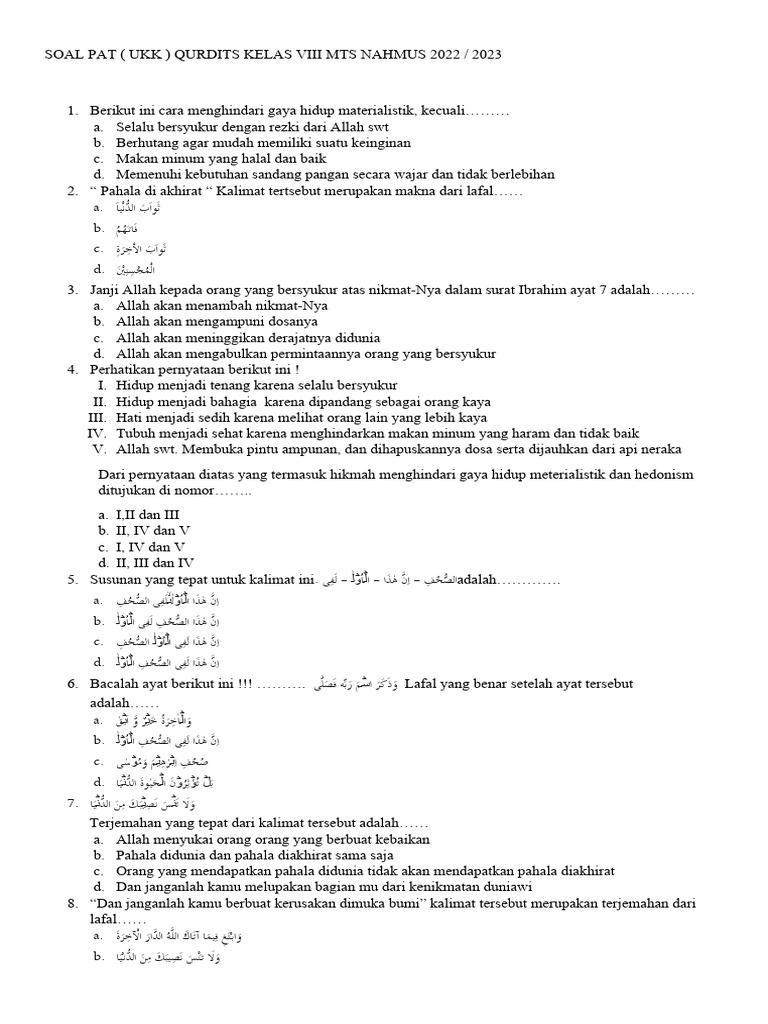 Soal Pat (Ukk) Qurdits Kelas Viii Mts Nahmus 2023 | PDF