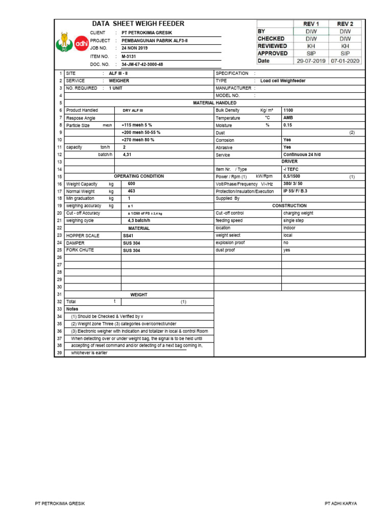 Datasheet For Weigh Feeder (M-3131) | PDF | Physical Sciences | Electrical Engineering