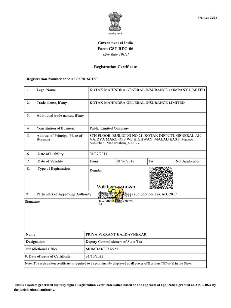 Maharashtra GST Certificate | PDF