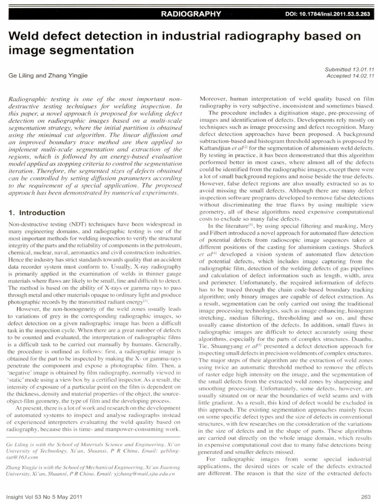 Weld Defect Detection In Industrial Radiography Based On Image