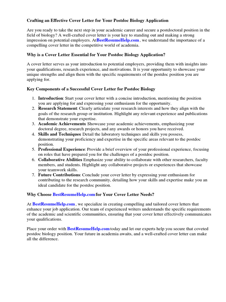 Cover Letter Postdoc Biology | PDF | Expert | Laboratories