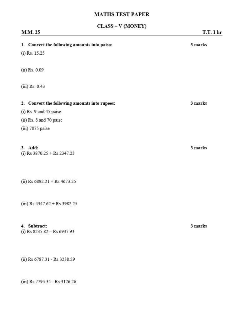 Maths Test Class V Aditi | PDF | Teaching Methods & Materials ...