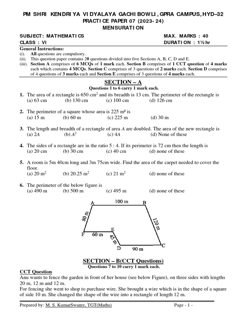 Maths Class Vi Practice Test 07 Mensuration | PDF | Length | Area