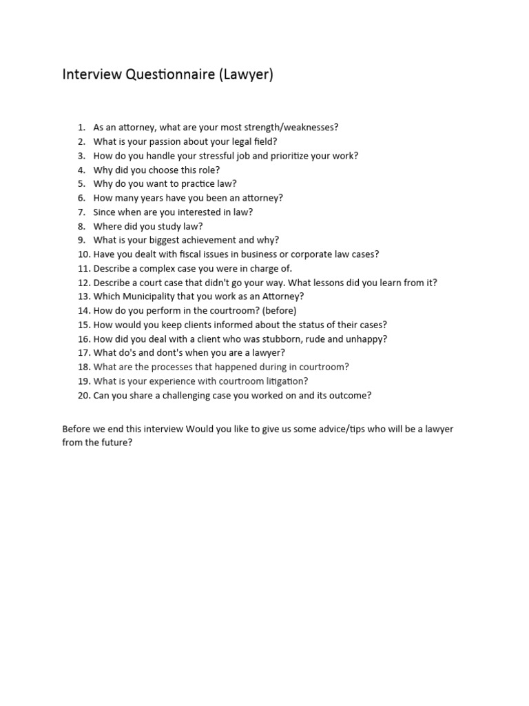 Interview Questionnaire (Lawyer) | PDF | Career & Growth | Business