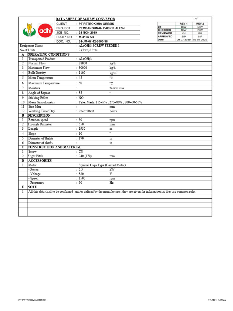 Datasheet For Screw Conveyor (M-3105 Ab) | PDF | Mechanical Engineering | Manufactured Goods