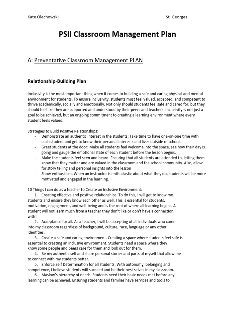 classroom management plan template-1 copy 1 | PDF | Classroom ...