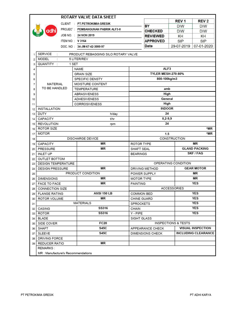 Rotary Valve Data Sheet for PT Petrokimia | PDF | Valve | Turbine