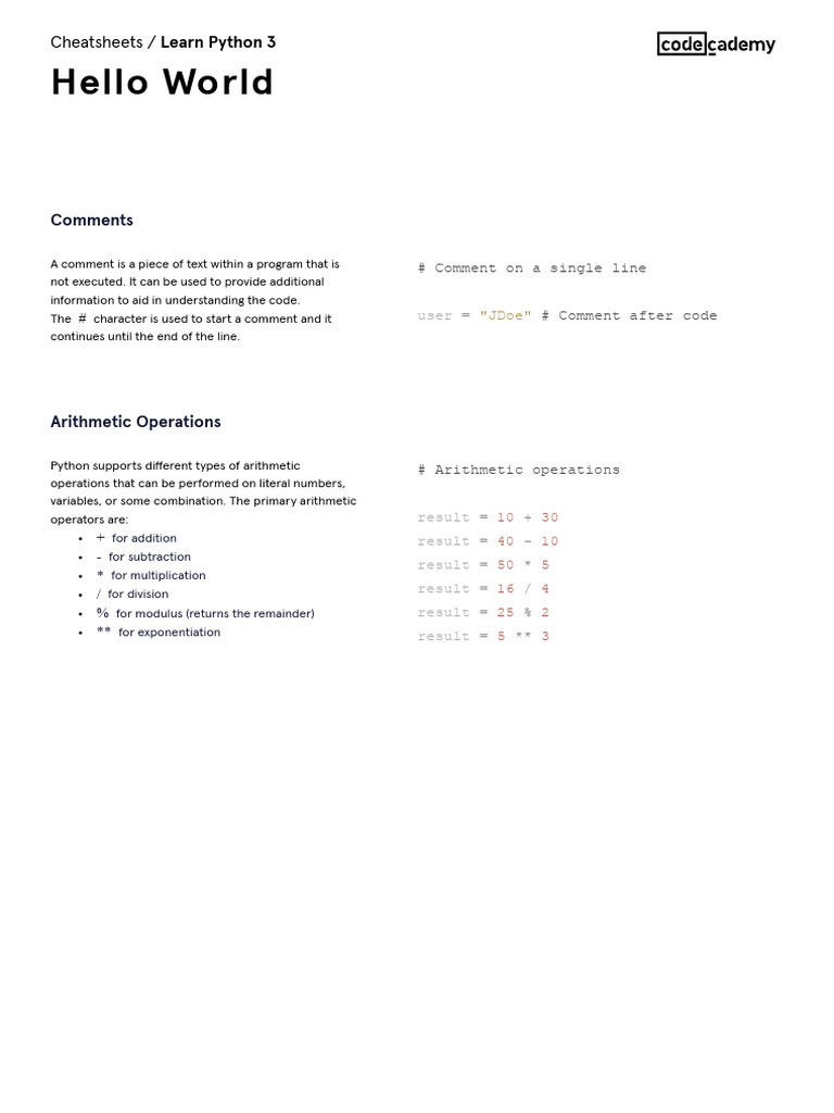 1 Learn Python 3 Hello World Cheatsheet Codecademy Pdf Parameter Computer Programming