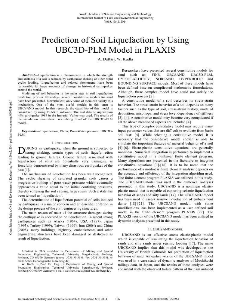 Prediction of Soil Liquefaction by Using Ubc3d PLM Model in Plaxis ...