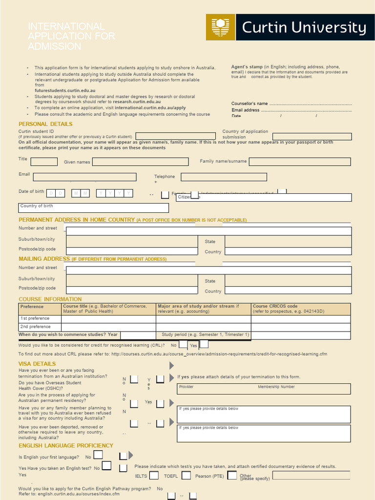 Curtin University Application Form | Download Free PDF | Internship ...