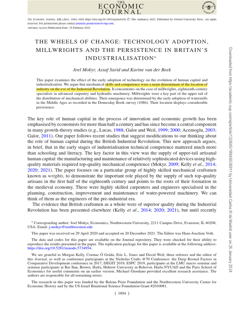 Mokyr Et Al. (2022 EJ) The Wheels of Change. Technology Adoption, Millwrights and The ...