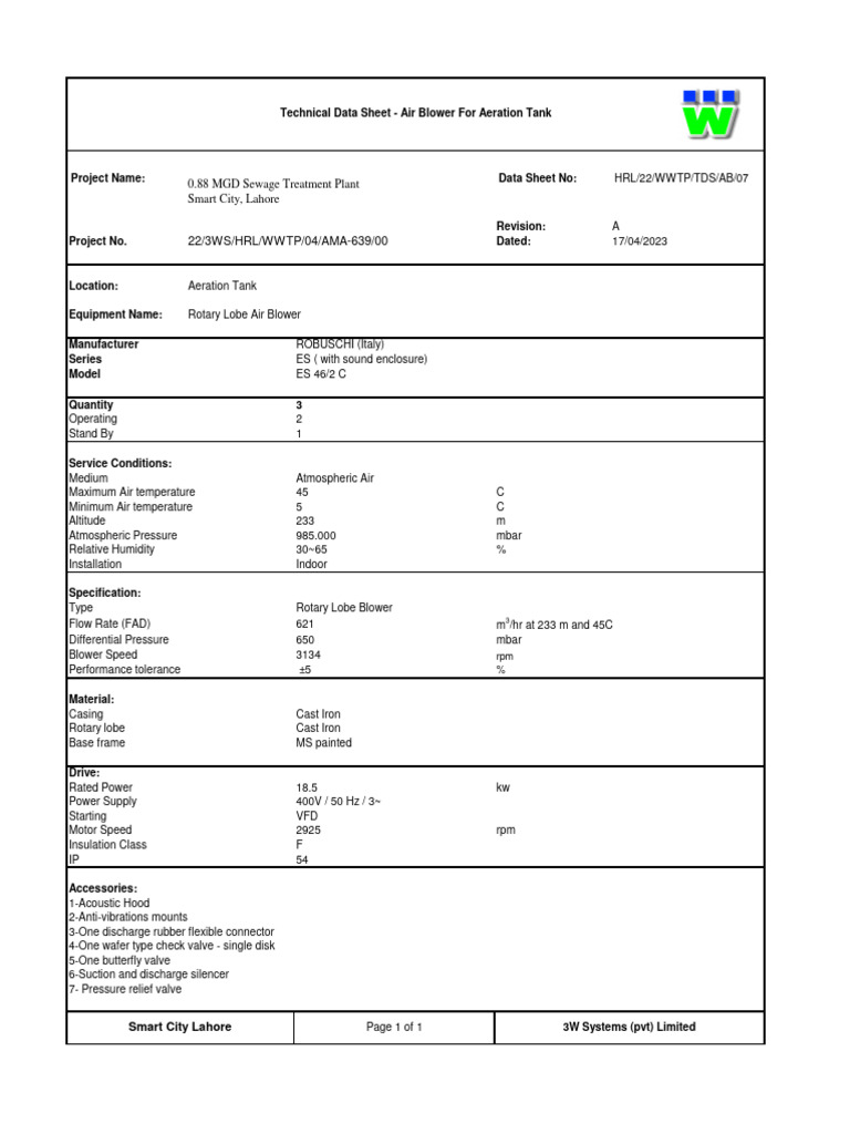Blower Specifications for Sewage Treatment | PDF | Sewage Treatment | Valve