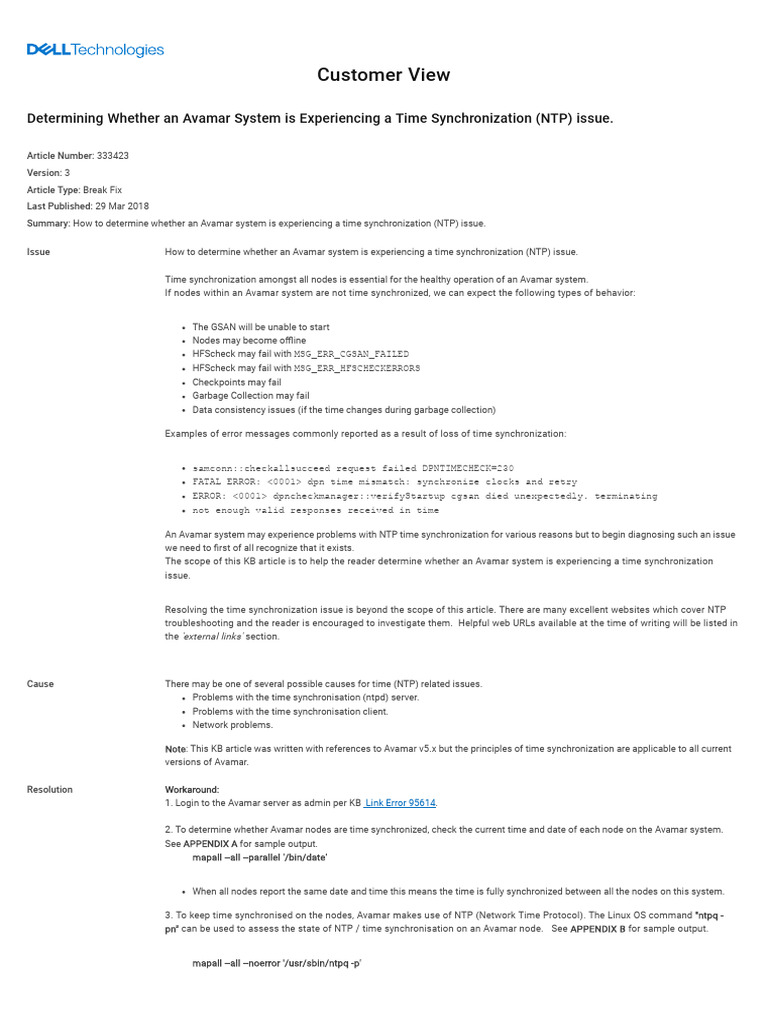 Determining Whether An Avamar System Is Experiencing A Time Synchronization Ntp Issue Dell