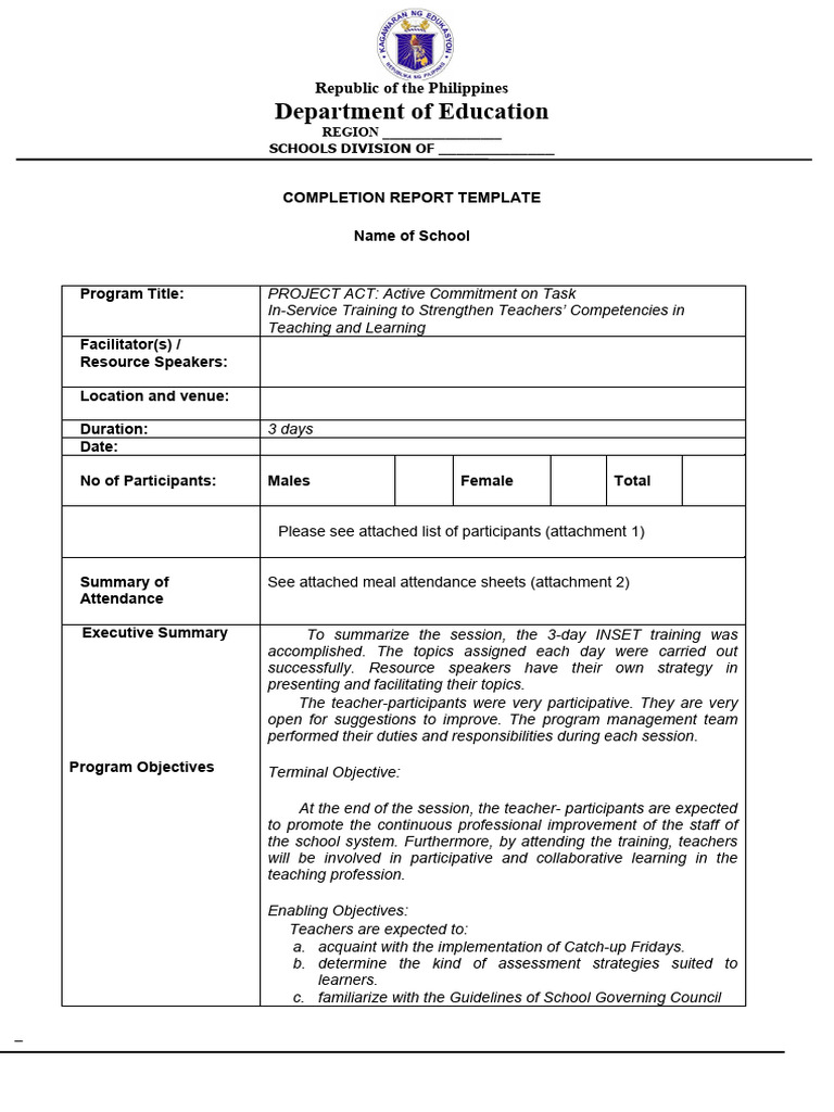 Completion Report | PDF | Teachers | Learning