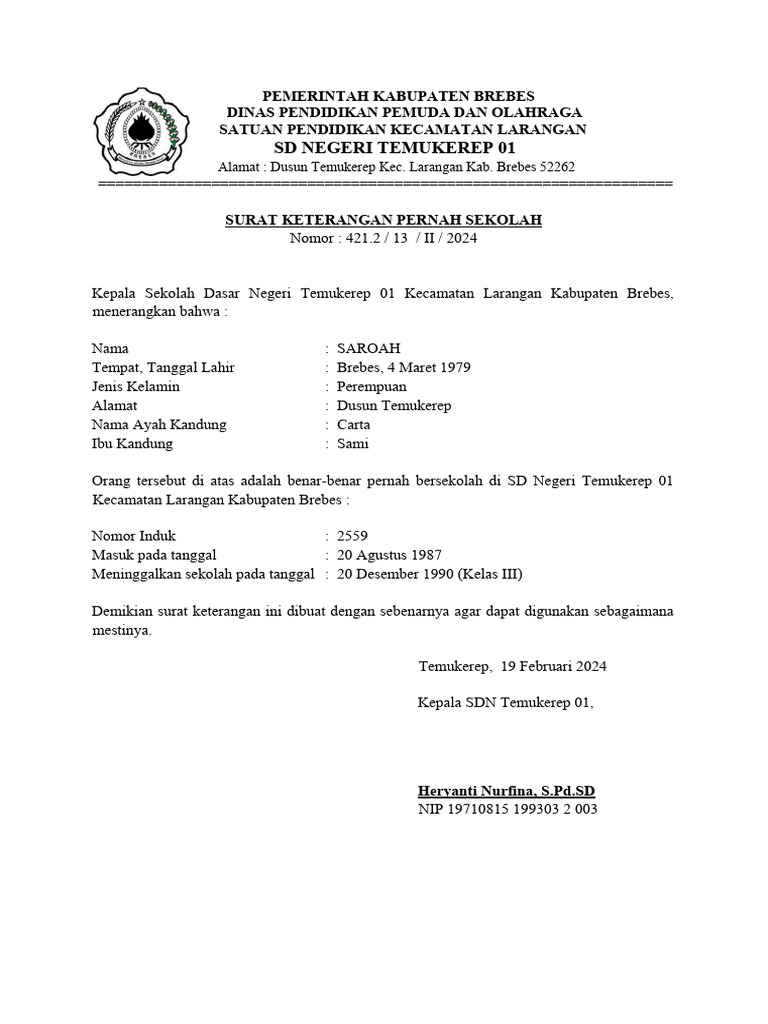 Surat Keterangan Sekolah SD | PDF