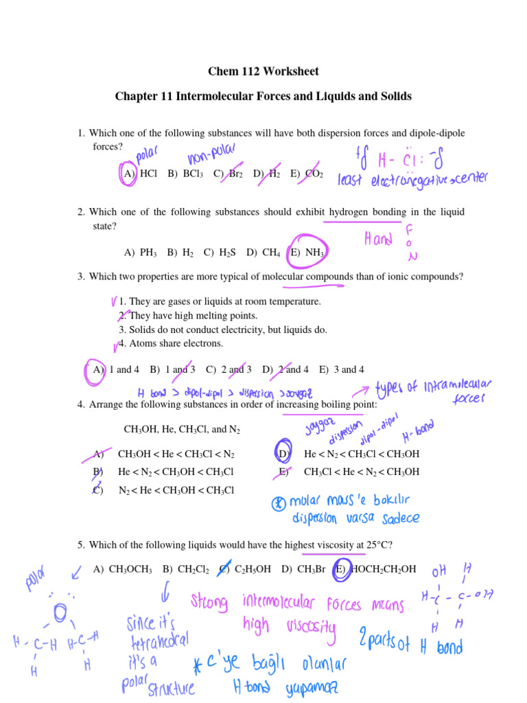 Chem 112 Worksheet Chapter 11-Intermolecular Force | PDF