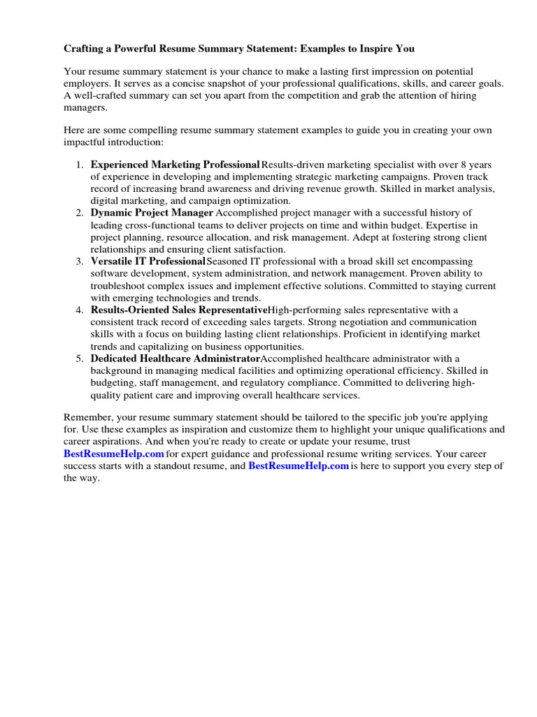 Resume Summary Statement Examples | PDF | Résumé | Marketing