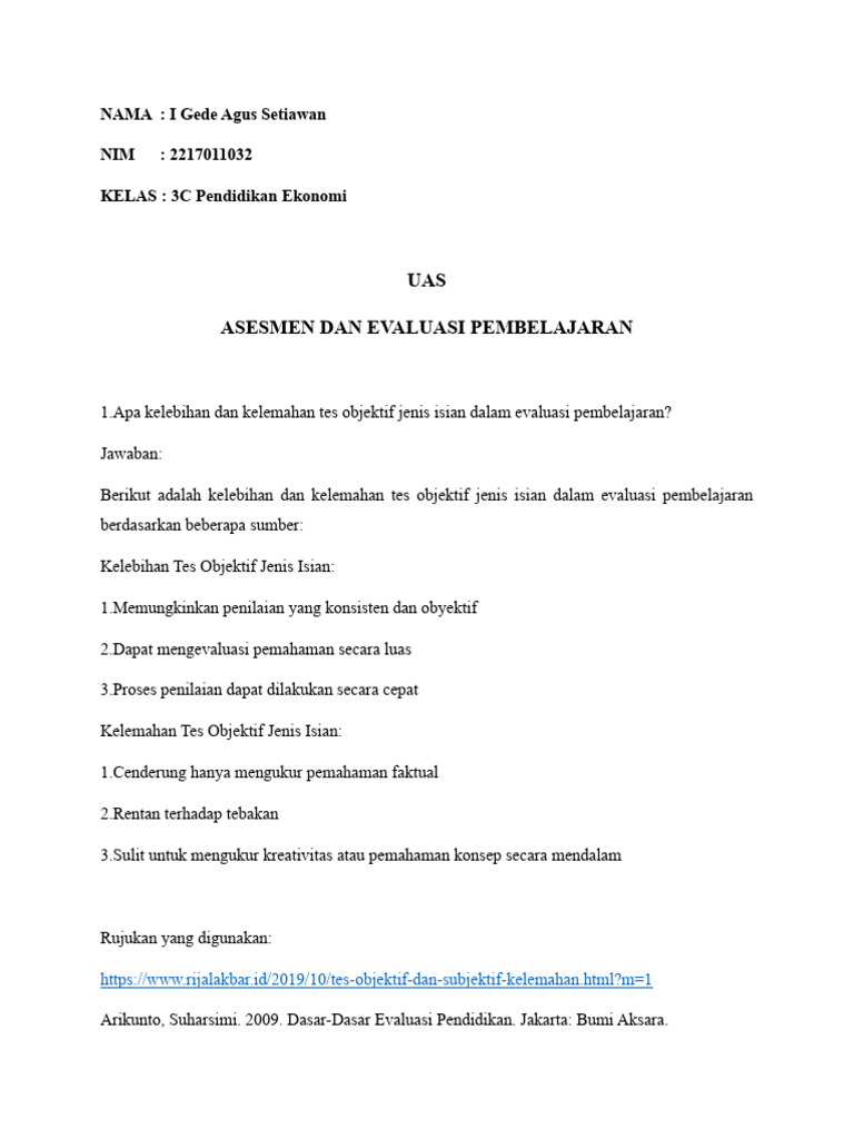 Uas Asesmen Dan Evaluasi Pembelajaran | PDF | Kesehatan Holistik
