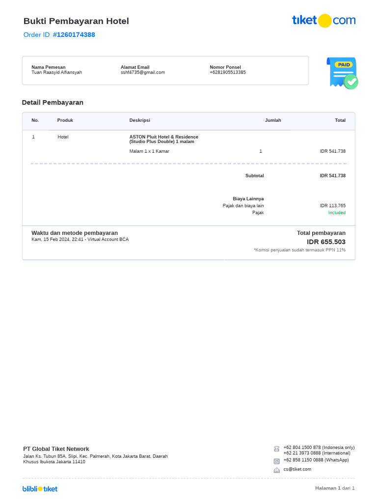 Bukti Pembayaran Aston Pluit Hotel | PDF