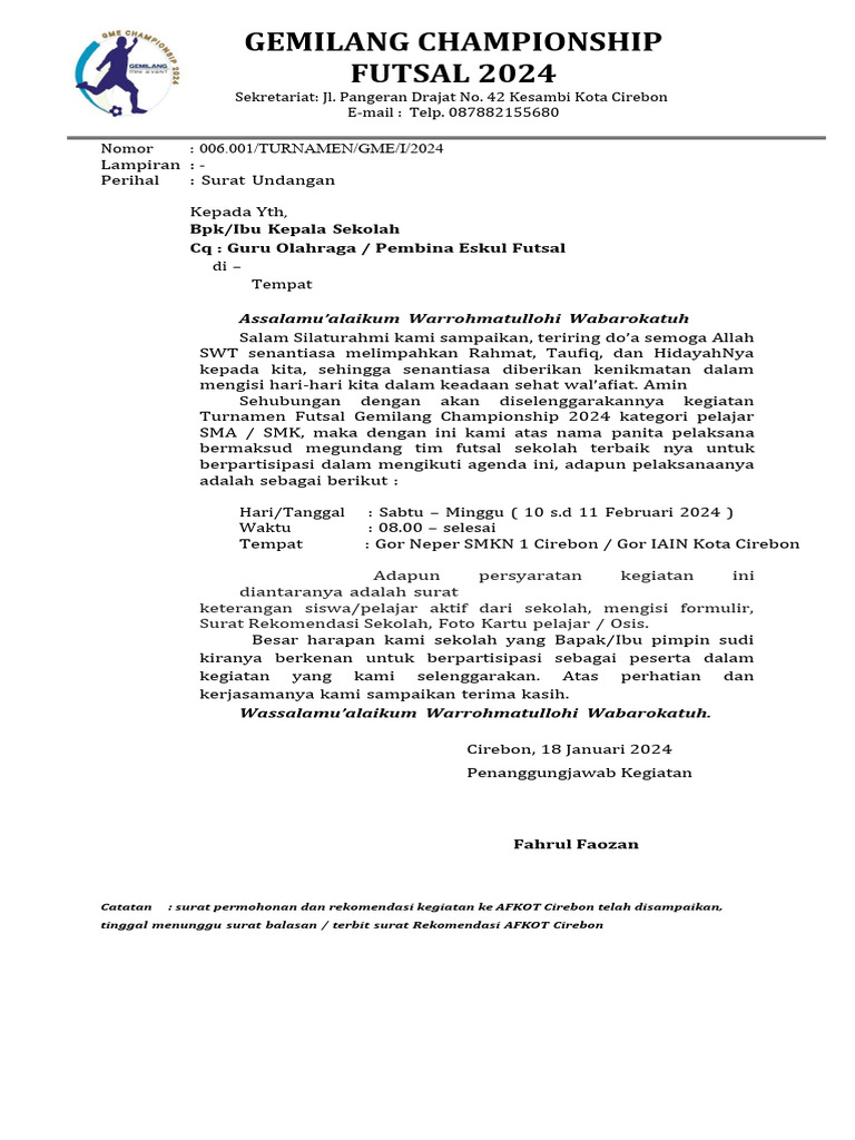 Undangan Turnamen Futsal 2024 | PDF