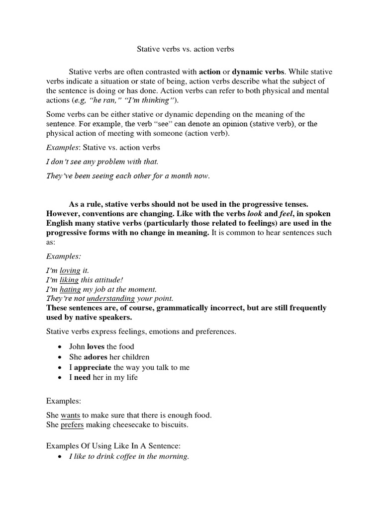 Stative Verbs Vs Action Verbs | PDF | Verb | Human Communication