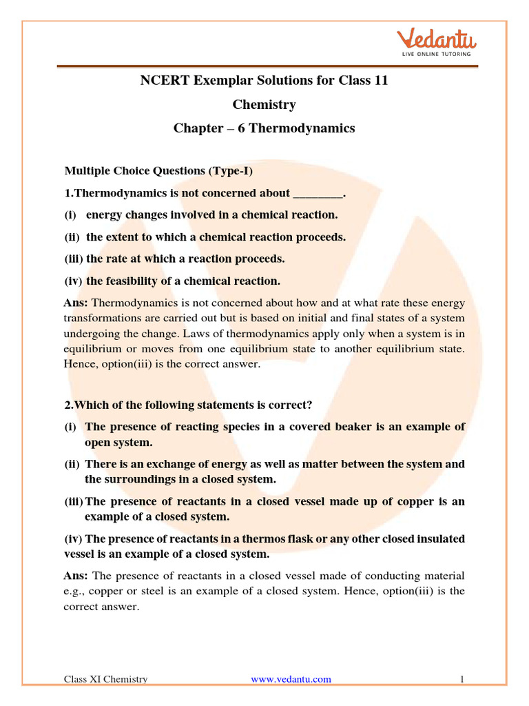 NCERT Exemplar For Class 11 Chemistry Chapter 6 - Thermodynamics (Book Solutions) | PDF ...