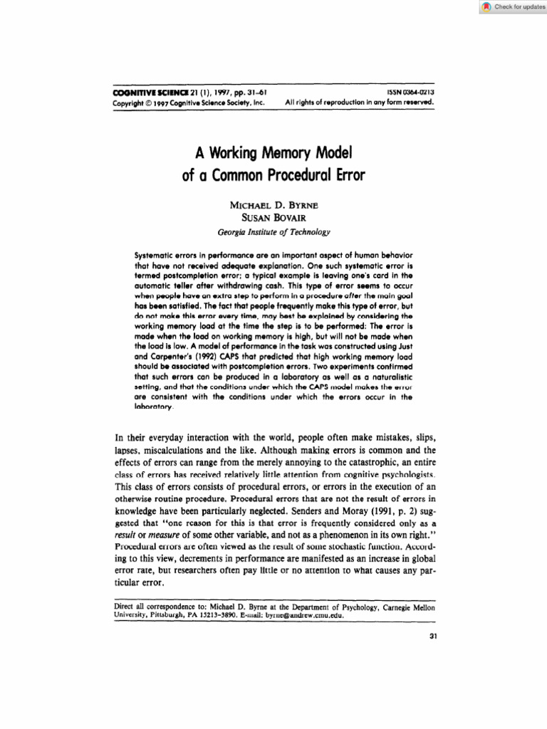 Cognitive Science - 2010 - Byrne - A Working Memory Model of A Common Procedural Error | PDF ...