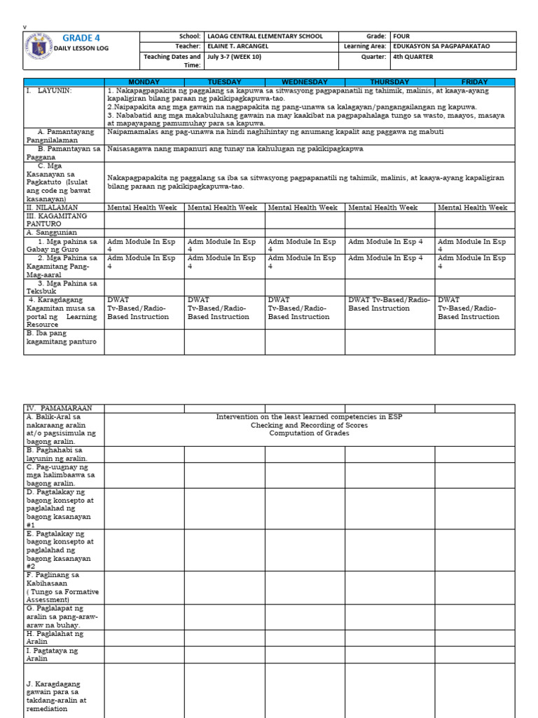 DLL G4 Q2 WEEK 11 (English, ESP, Math) | PDF | Language Arts & Discipline