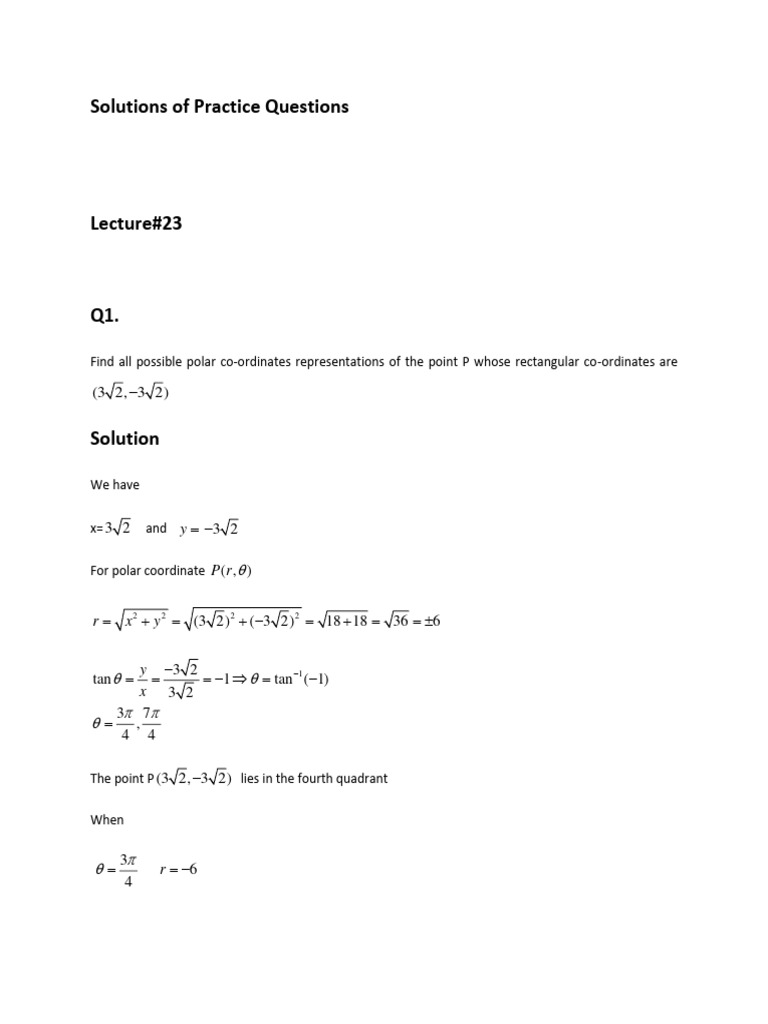 Polar Coordinates Practice Questions Solutions | PDF | Equations | Algebra